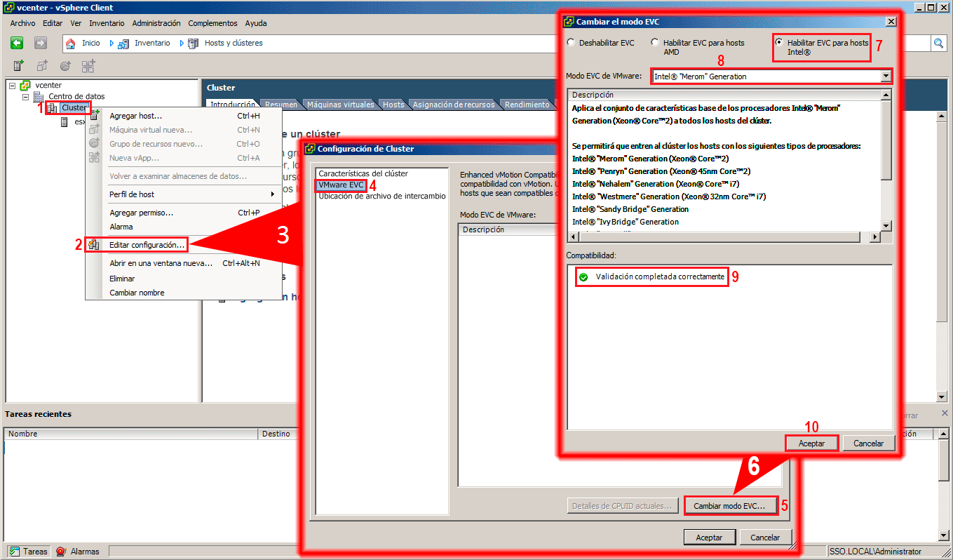 Pantallazos.es: VMware Enhanced vMotion Compatibility: Activar EVC.