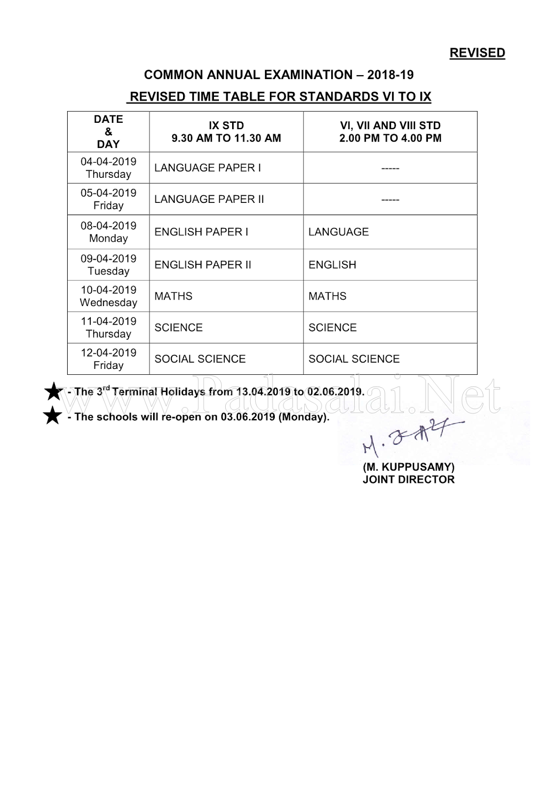 Revised Common Annual Exam Time Table 2019 ~ Padasalai.Net - No.1 ...