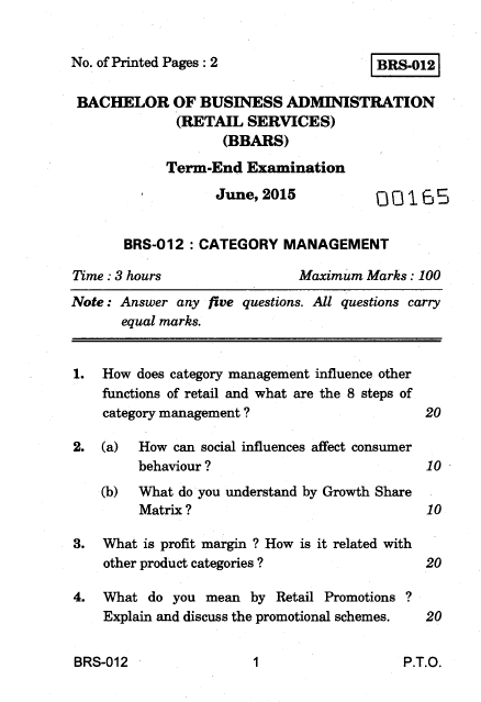 IGNOU BBA BRS-012 Category Management June 2015 Question Paper ...