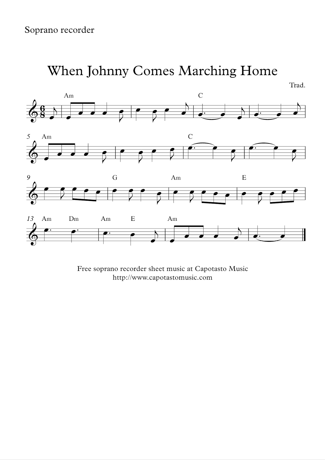 Free easy soprano recorder sheet music - When Johnny Comes Marching Home