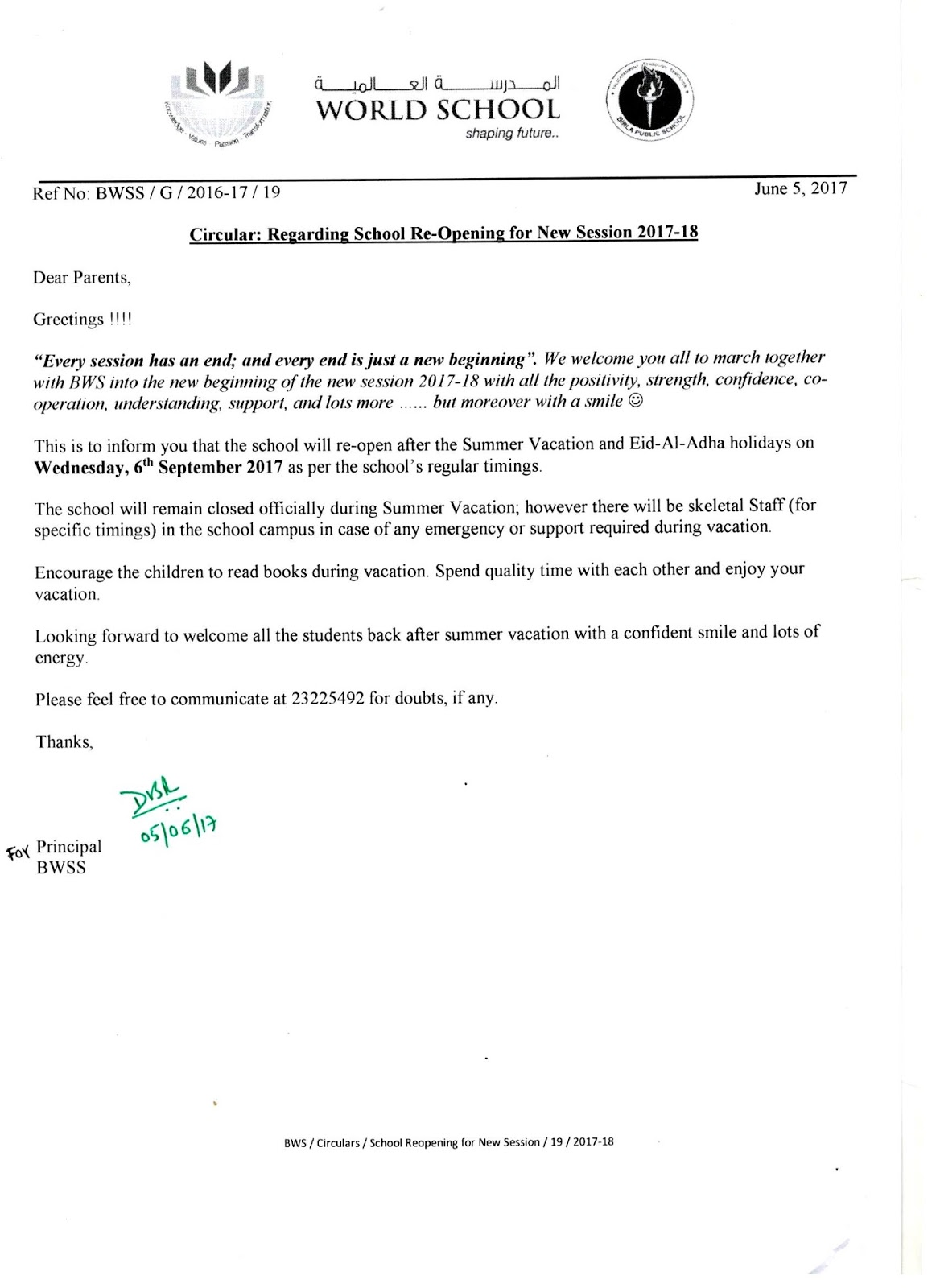 Birla World School Oman: Circular: Regarding School Re-Opening for New ...