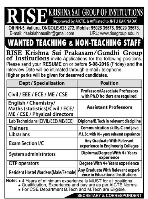 Rise Krishna Sai Groups of Institutions, Ongole, Wanted Teaching ...