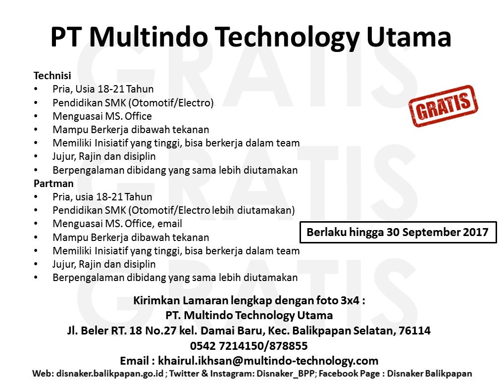 LOWONGAN KERJA PT MULTINDO TECHNOLOGY UTAMA - Lokernesia | Lowongan ...