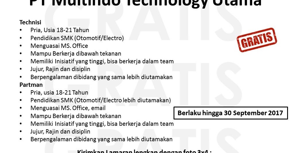 LOWONGAN KERJA PT MULTINDO TECHNOLOGY UTAMA - Lokernesia | Lowongan ...
