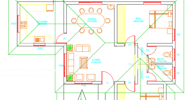 2 BHK Residential building line plan and its .dwg & .pdf