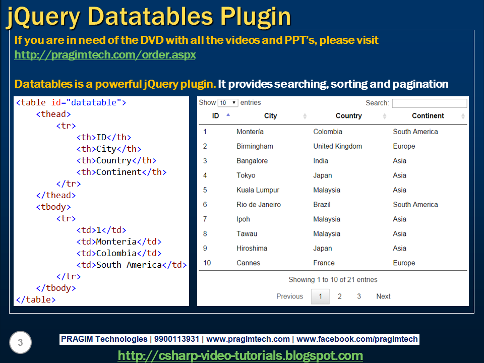 Sql server, .net and c# video tutorial: jQuery datatables plugin Sql server, .net and c# video tutorial: jQuery datatables plugin
