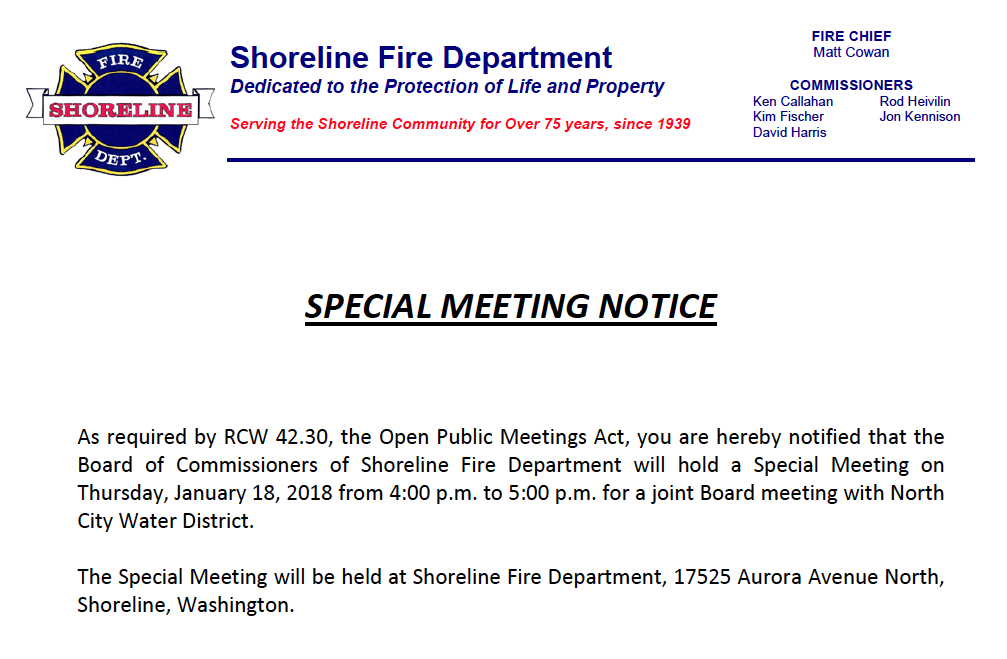 Shoreline Area News: Classifieds: Fire Commissioners meeting