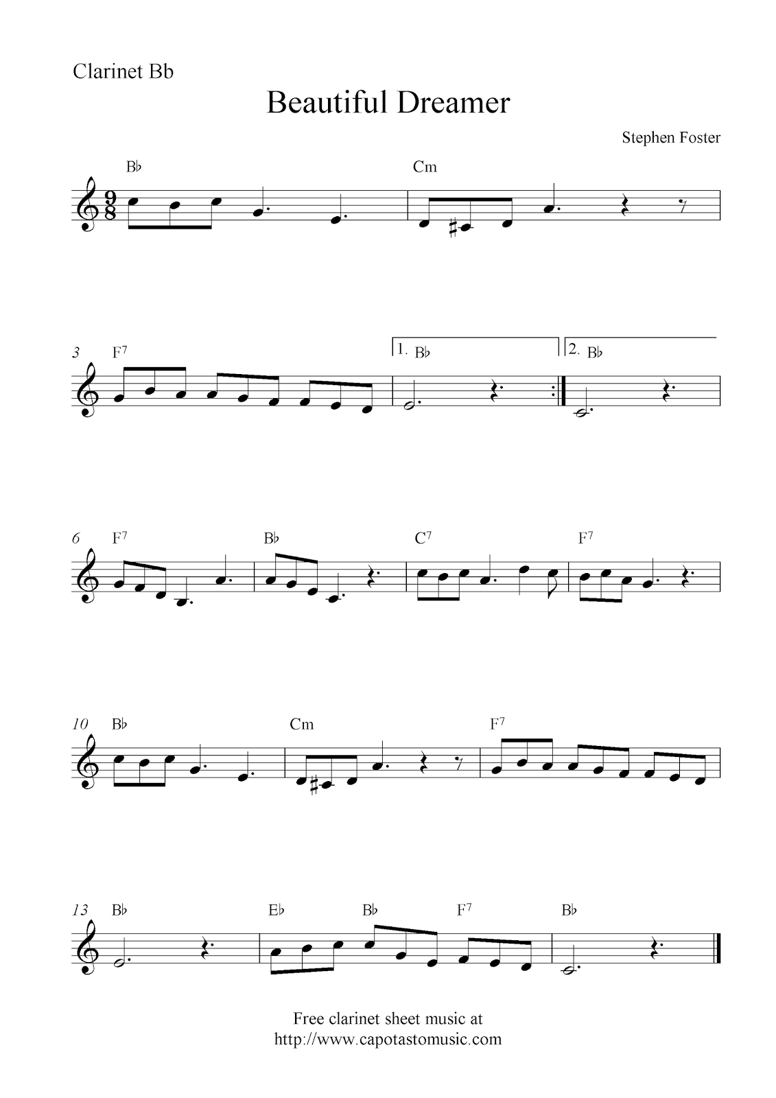 Beautiful Dreamer, free clarinet sheet music notes