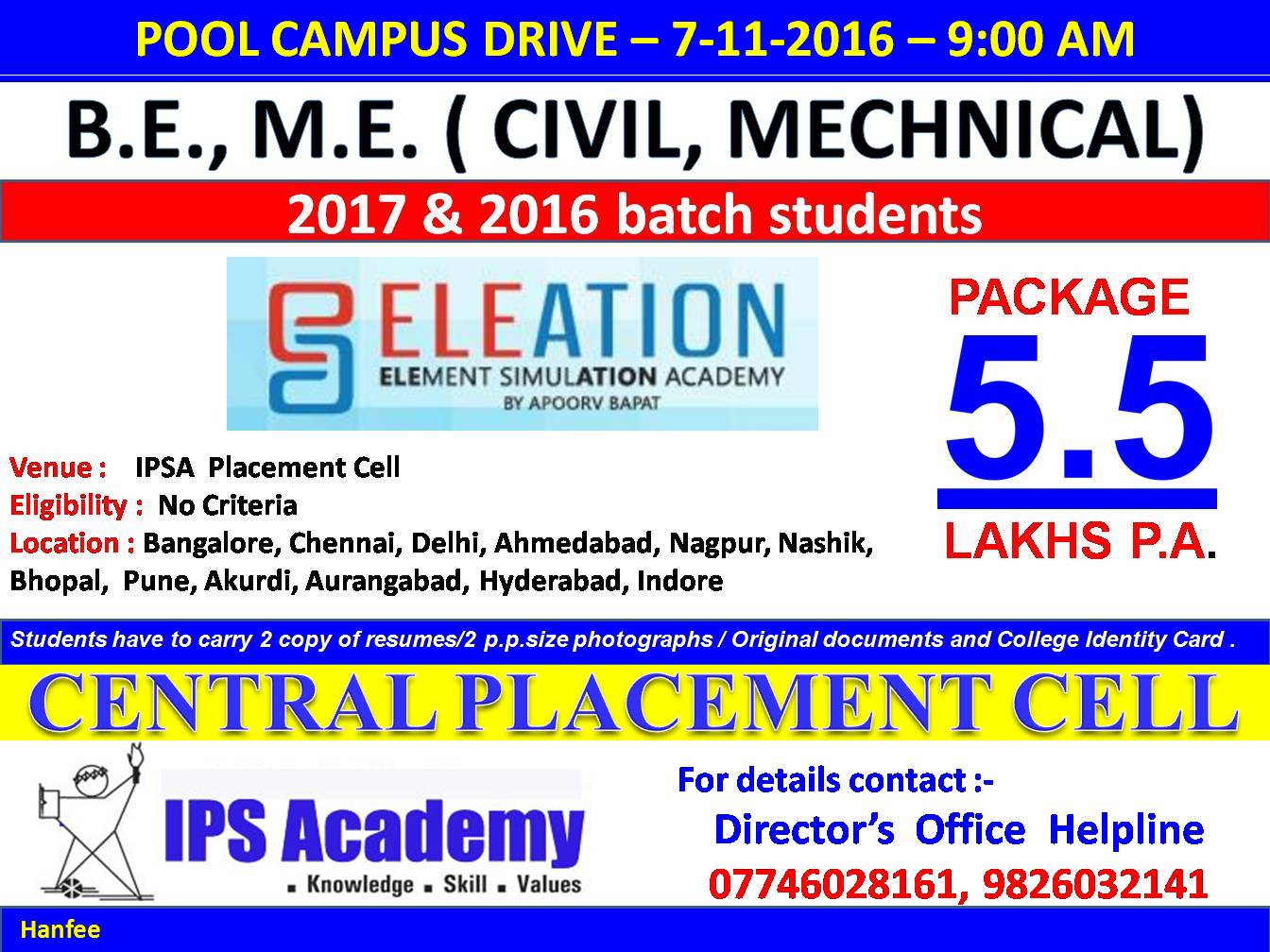 Central Placement Cell: ELEATION POOL CAMPUS DRIVE 7-11-2016