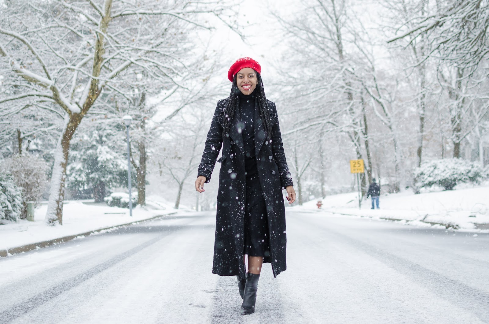 Snow Day Slay: Black bodycon dress, coat and red beret