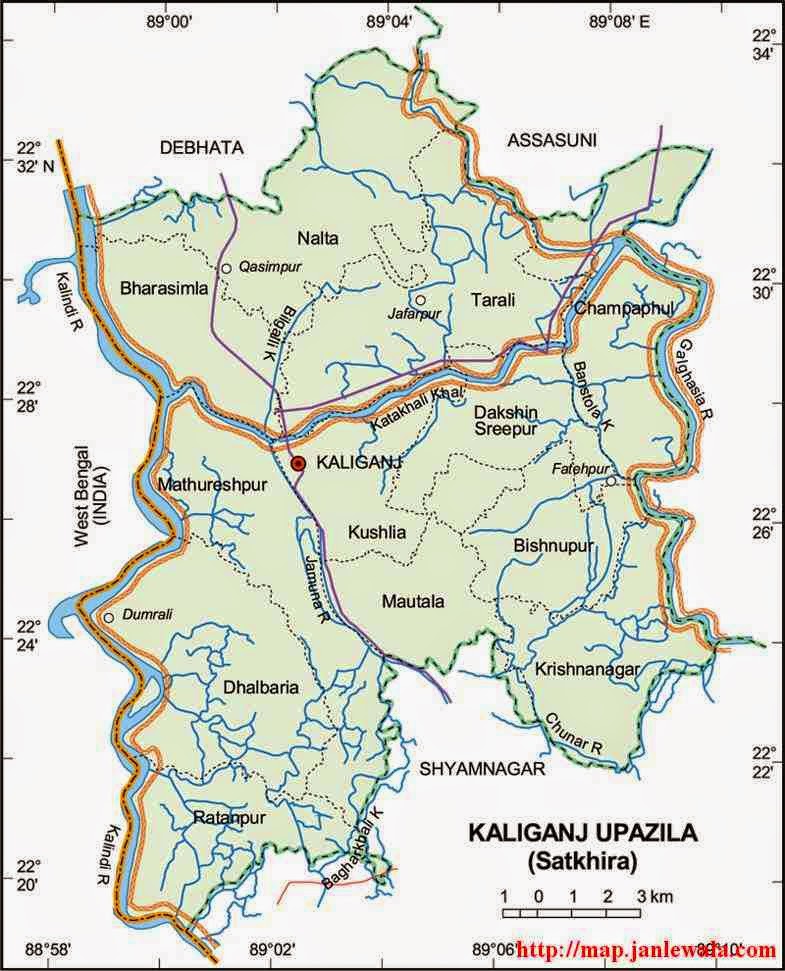 Kaliganj Upazila Map, Satkhira District, Bangladesh