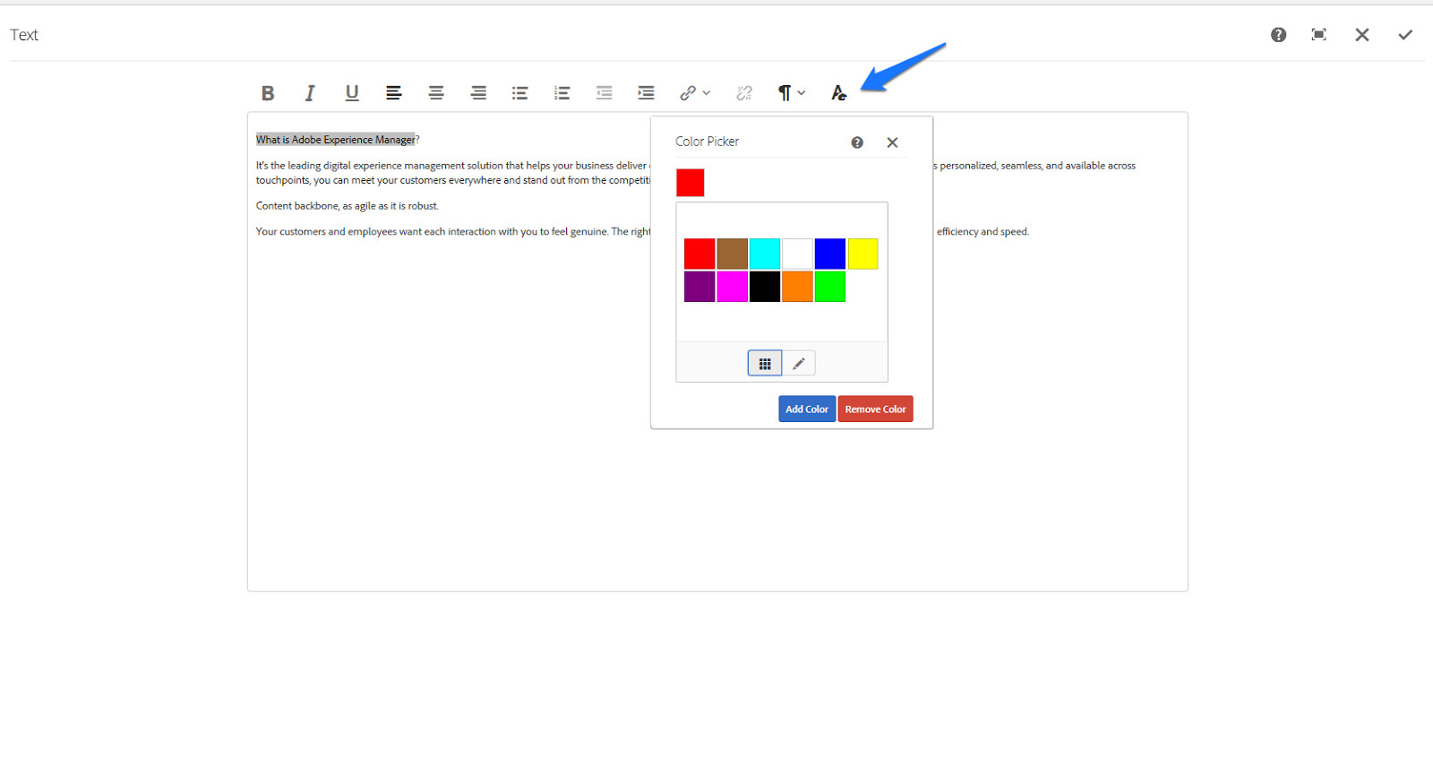Experiencing Adobe Experience Manager Aem Cq Aem 63 Touch Ui Rte Rich Text Editor Color