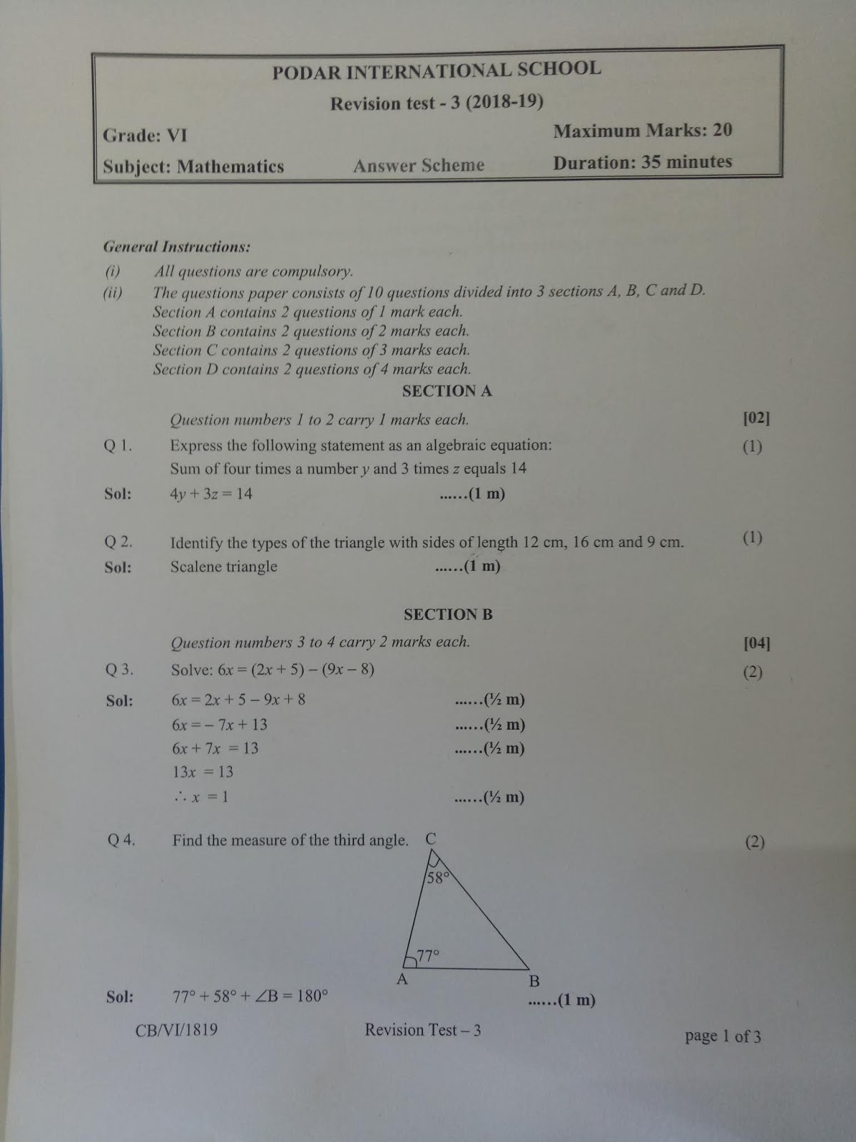 Math Revision Test 3 with Answer Scheme