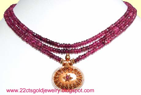 Gold Jewellery Designs: 22ct gold antique style pendant with Ruby chain