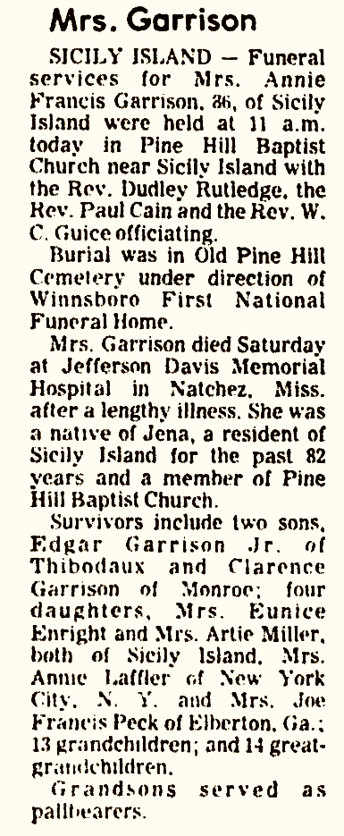 Roots From The Bayou: Sunday's Obituary - Annie Garrison Roots From The Bayou: Sunday's Obituary - Annie Garrison