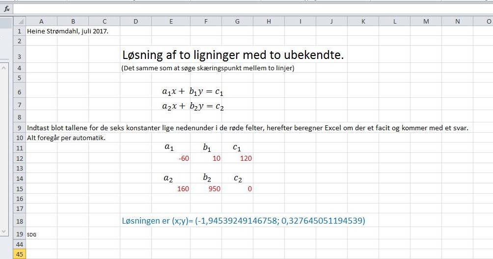 To ligninger med to ubekendte i Excel
