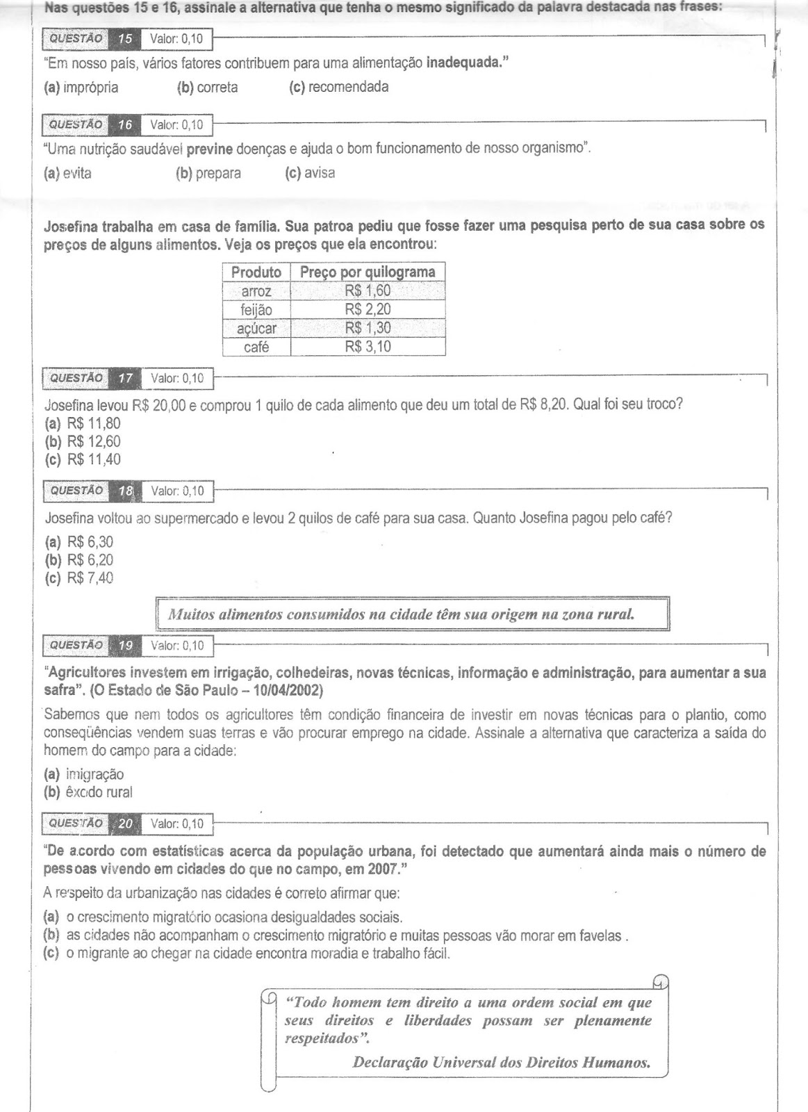 Cantinho de Sugestões para EJA: Sugestão de prova para EJA