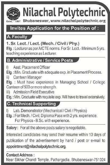 Nilachal Polytechnic, Bhubaneswar Wanted Faculty plus Administrative - Faculty Teachers