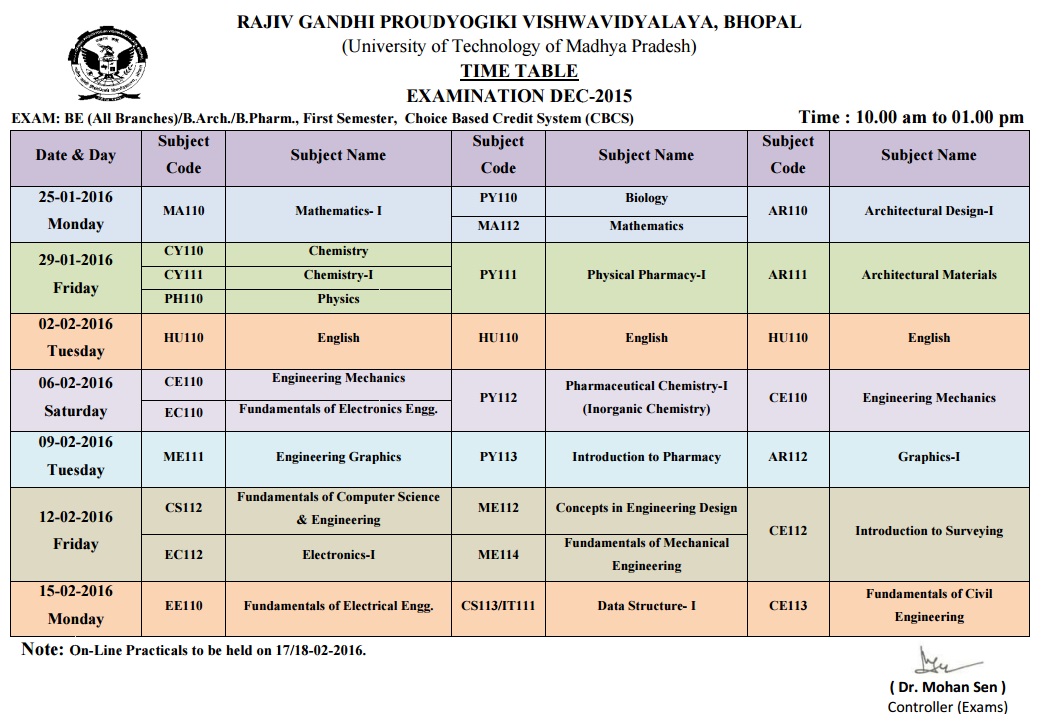 RGPV B.E 1st Semester Choice Based Credit System Exam Time Table 2016 ...