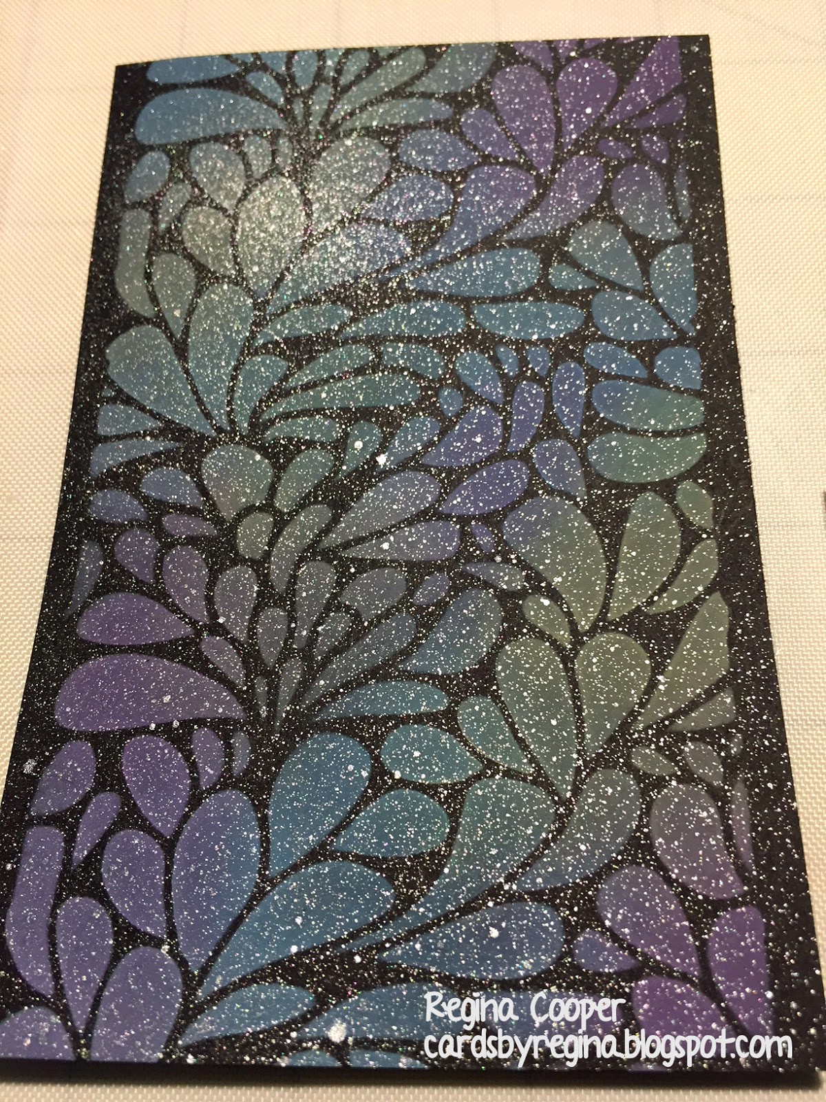 Cards By Regina: Stenciled Oxide Ink on Smooth Black Cardstock