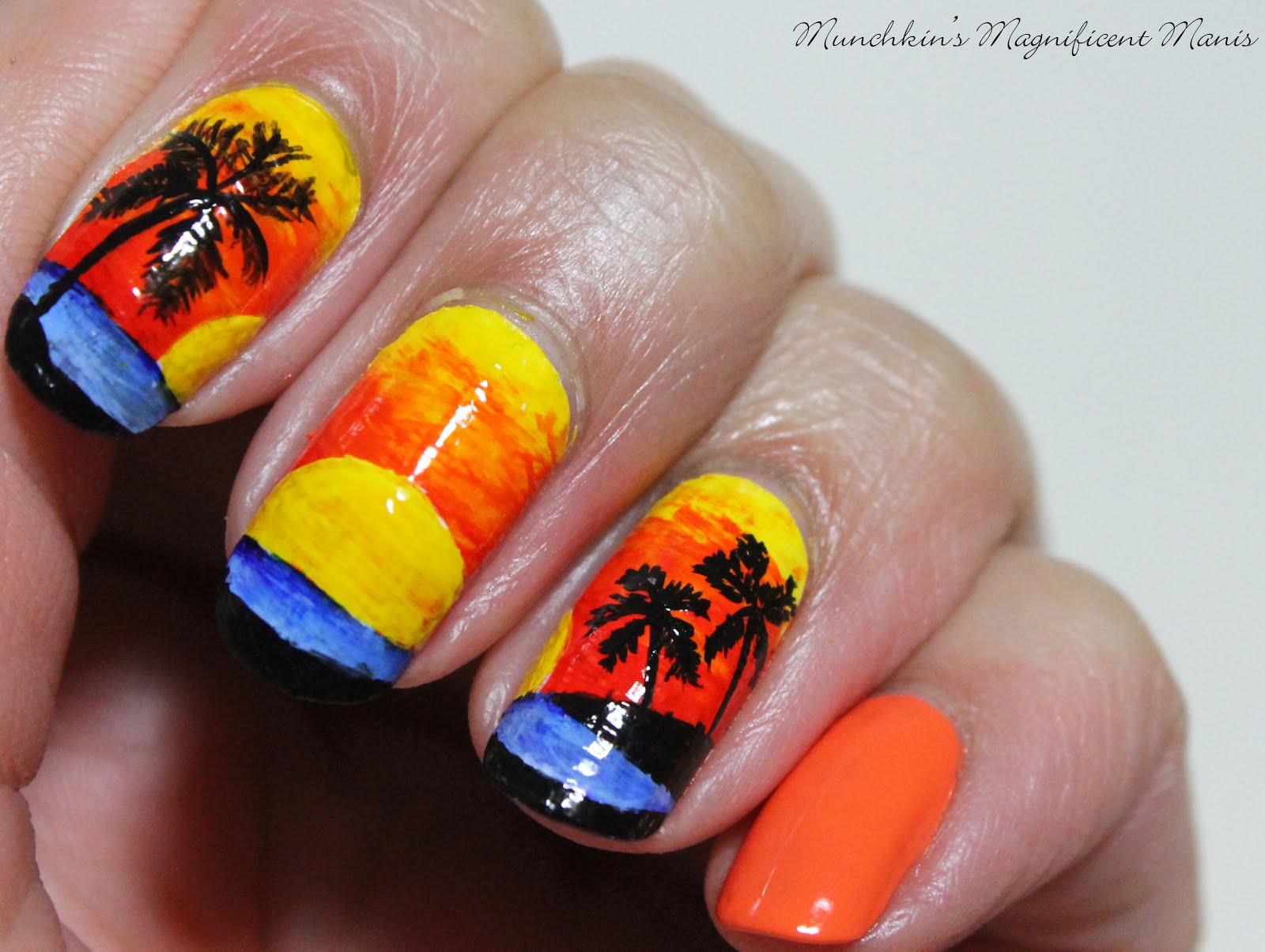 Munchkin’s Magnificent Manis: Fiery Sunset- Tropical Sunset Nail Design