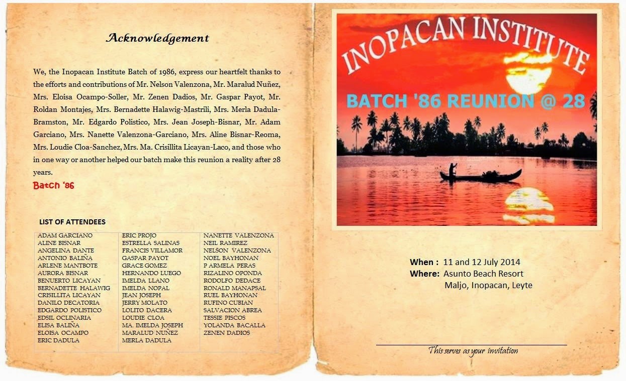 INOPACAN INSTITUTE: Batch '86 Reunion Programme of activities