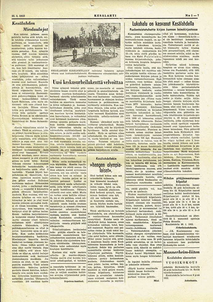 KesälahtiNet: Kesälahti-lehti vuodelta 1952