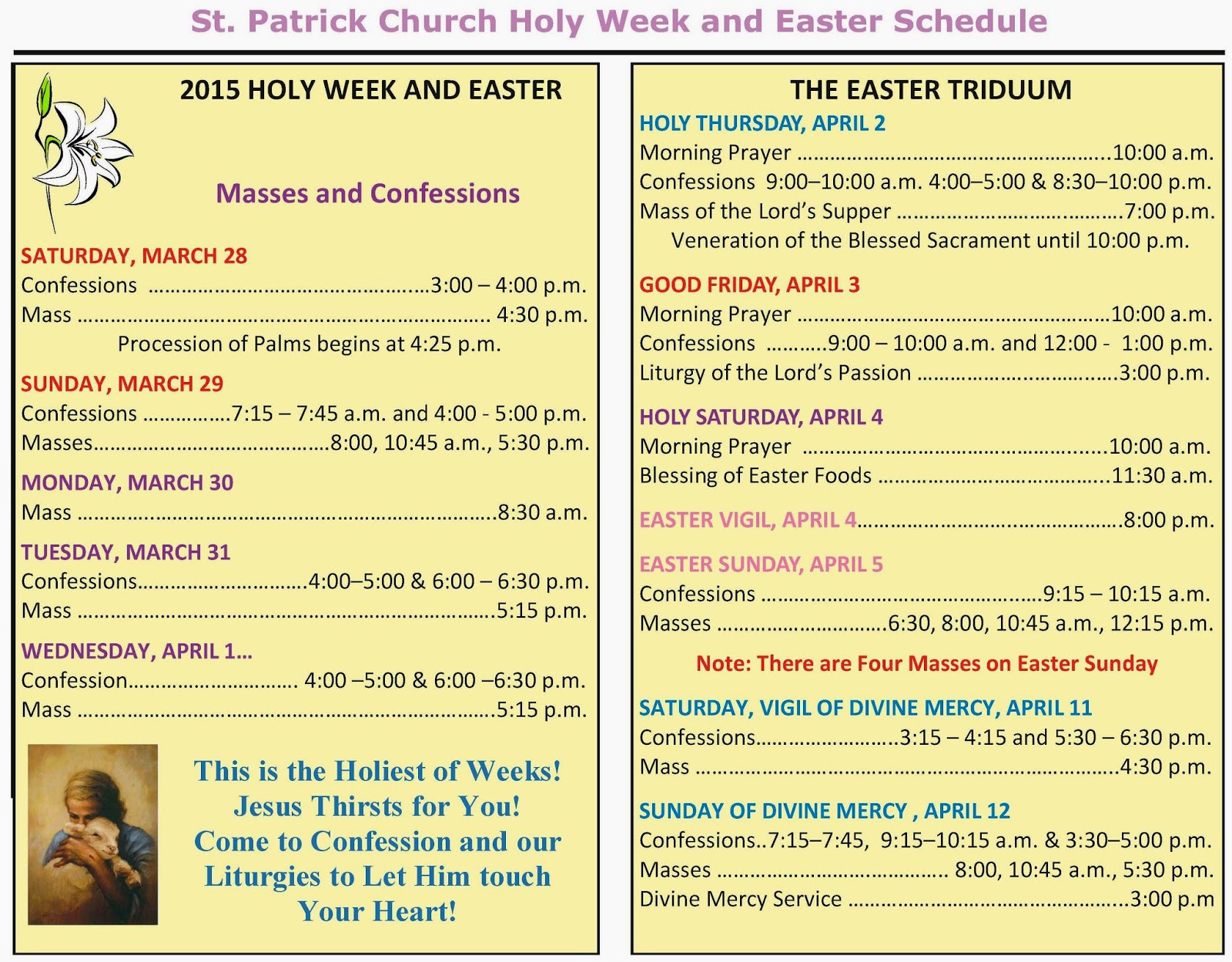 Saint Patrick Roman Catholic Church: Holy Week & Easter Schedule