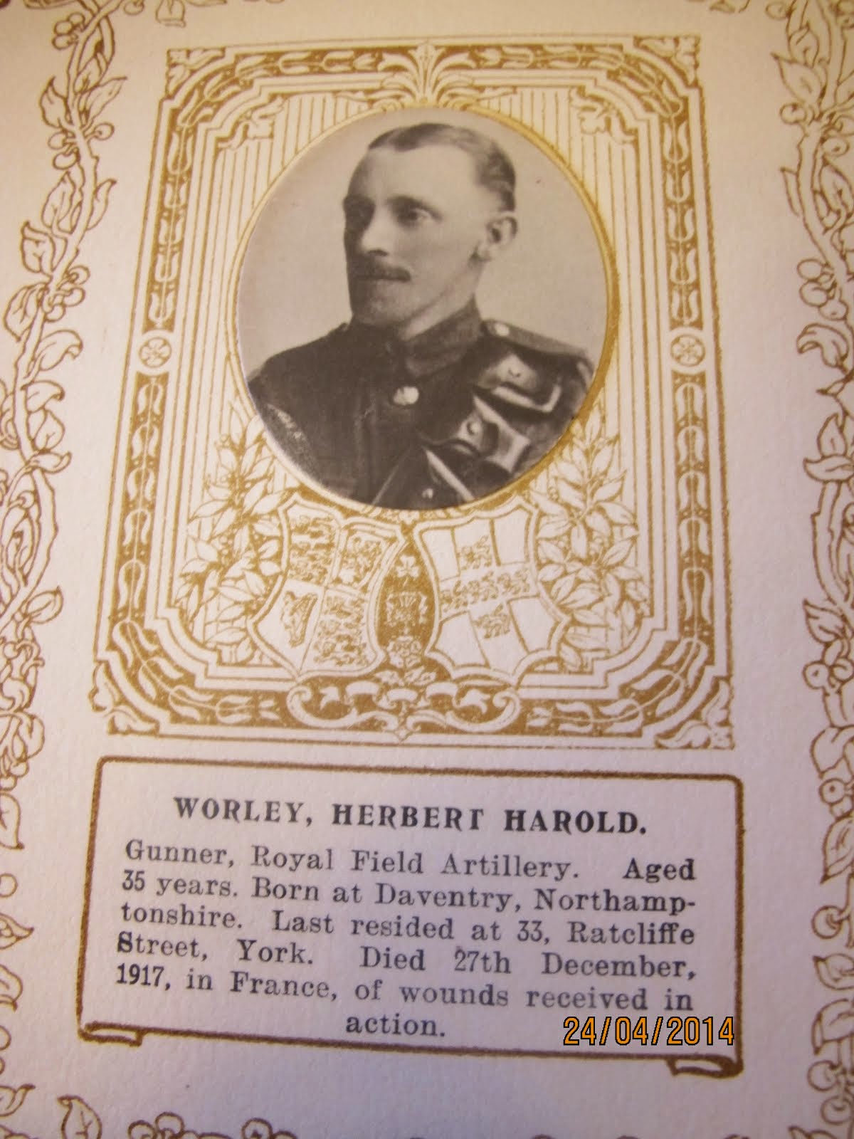 Herbert Harold Worley from York died in World War 1: Frank Woodhouse