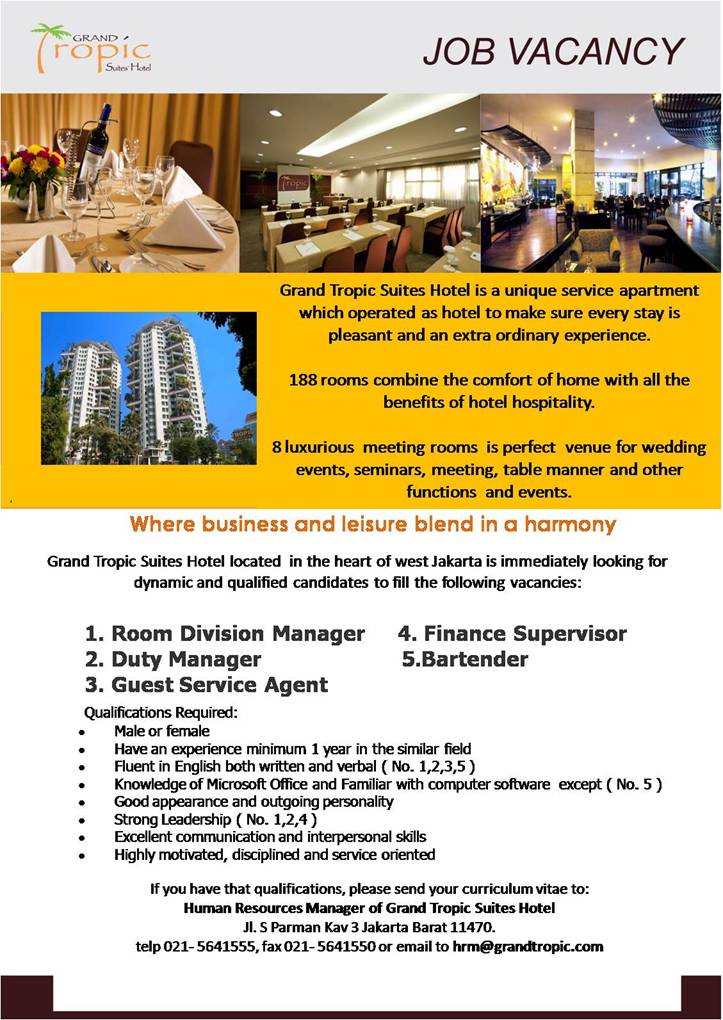 Hotel Job Vacancy at Grand Tropic Suites Hotel