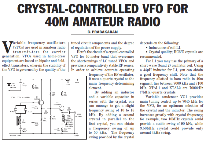 Hobby Electronics Circuits: Crystal Controlled VFO for 40M Amateur Radio