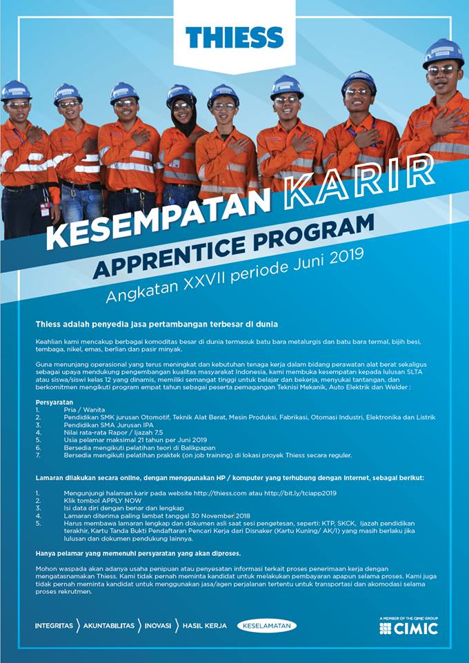 THIESS APPRENTICE PROGRAM 2019 ( PROGRAM MAGANG ) - LOWONGAN KERJA KALIMANTAN TIMUR TERBARU