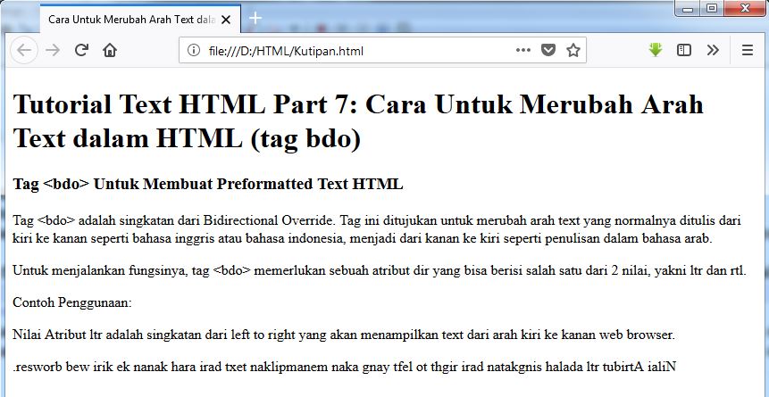 Tutorial Text HTML Part 7: Cara Untuk Merubah Arah Text dalam HTML (tag bdo)