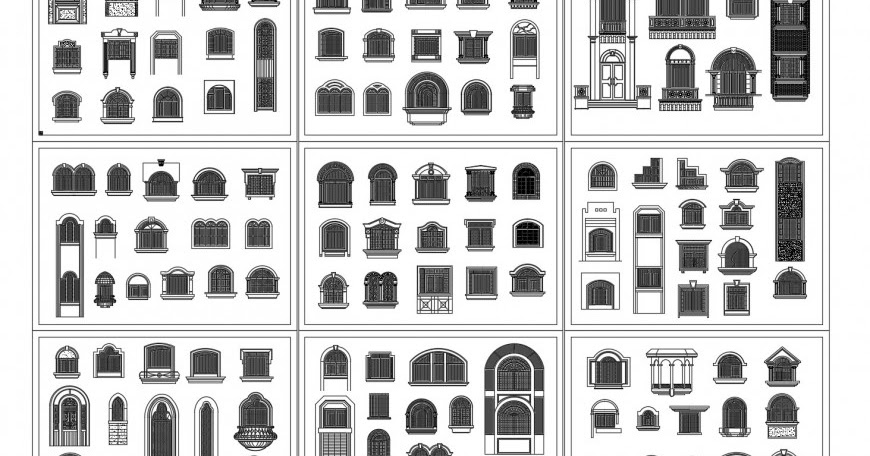 CLASSICAL MULTIPLE WINDOWS ELEVATION BLOCKS CAD DRAWING DETAILS DWG FILE