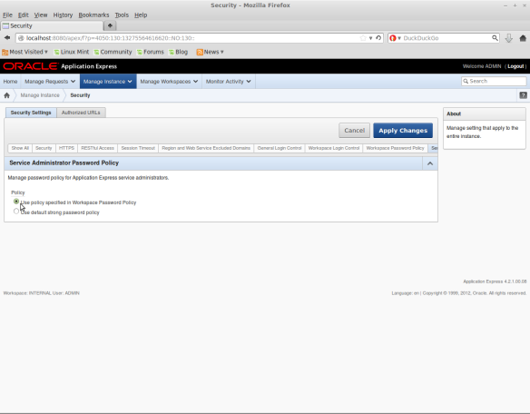 Disabling of Password Expiration in Oracle Apex(Internal Workspace Admin)