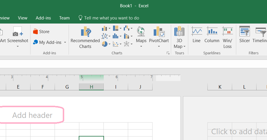 Excel footer or header location