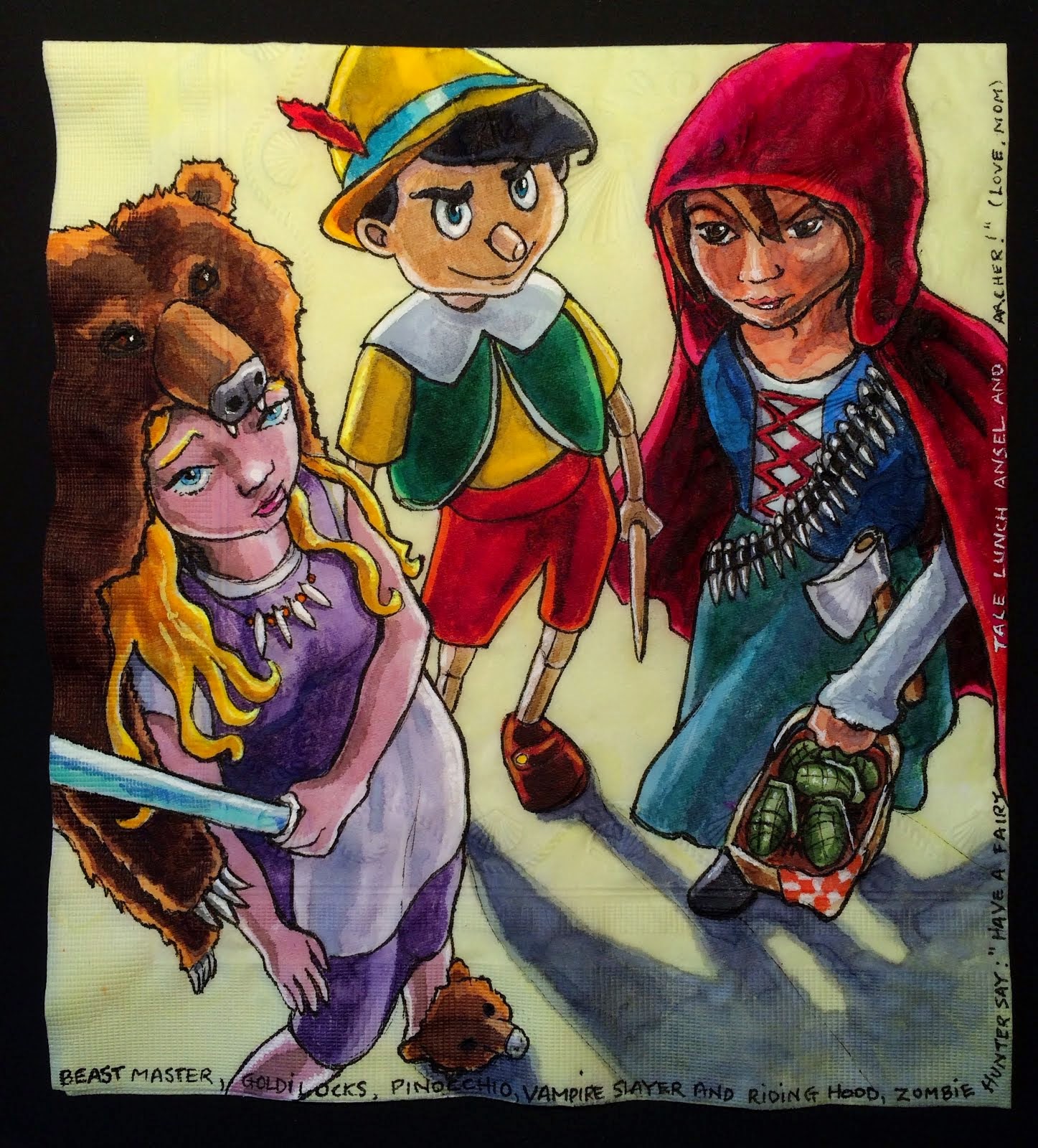 Daily Napkins: Goldilocks, Pinocchio and Red Riding Hood Team-up