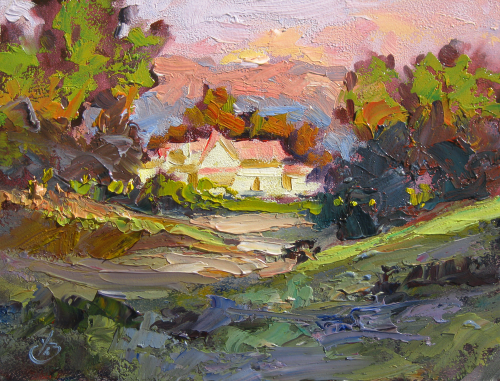TOM BROWN FINE ART: HOUSE, COLORFUL SUNSET, IMPRESSIONIST 6x8 OIL ...