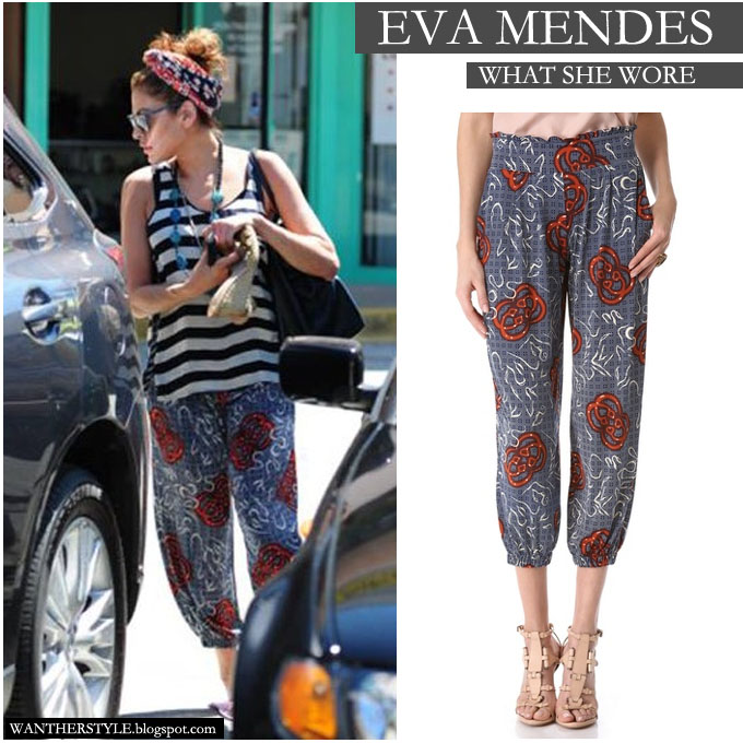 What She Wore Eva Mendes In Printed Harem Pants With Stripe Silk Tank Top In New York City ~ I