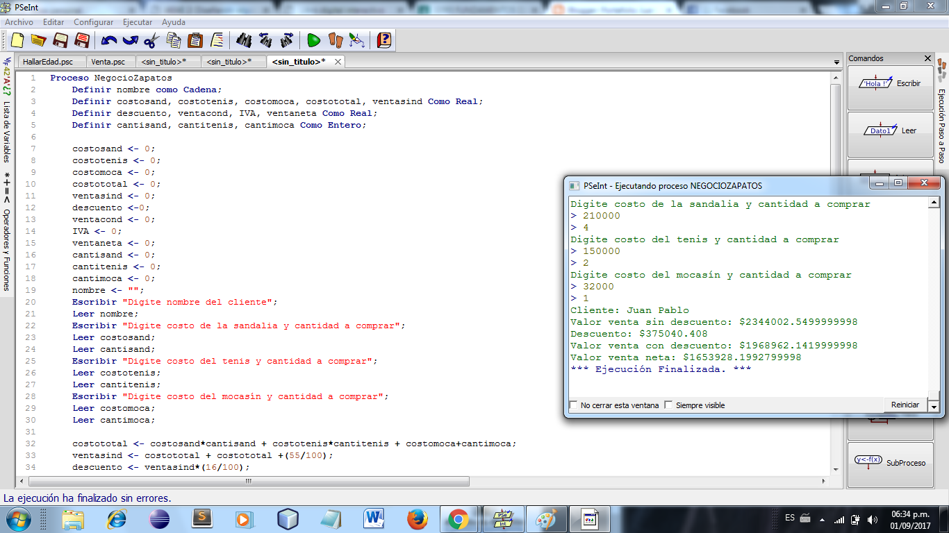 Portafolio Juan Martinez IU Pascual Bravo: Pruebas de escritorio de los ejemplos y PSeInt