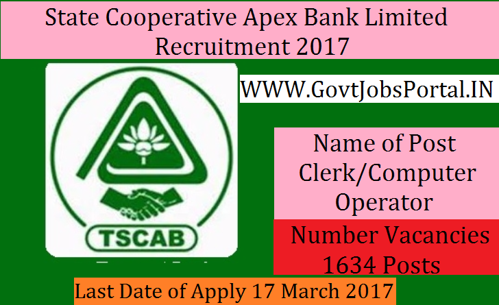 State Cooperative Apex Bank Recruitment 2017– 1634 Clerk/ Computer Operator