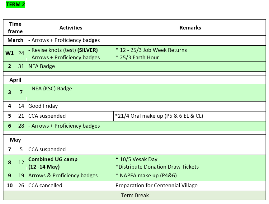 Nanyang Pegasus Cub Scout: CCA Schedules