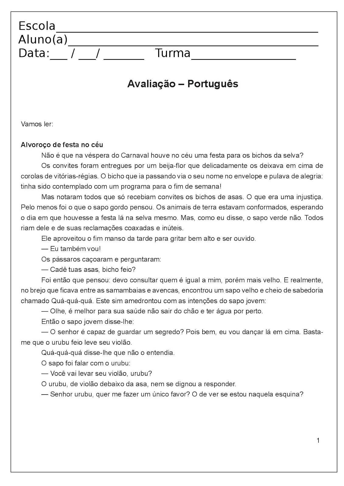 Prova de Português pronta para imprimir - Ensino fundamental - modelo ...