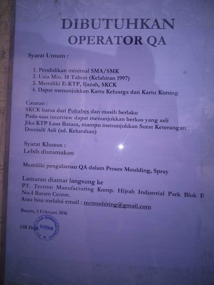 Lowongan Kerja PT. Tectron Manufacturing - Lowongan Kerja Batam 2022