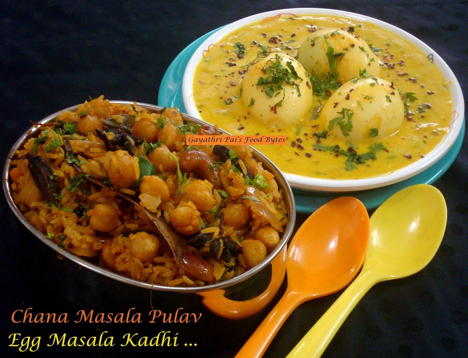 Gayathri Pai's Food Bytes: Kabuli Chana Masala Pulav With Egg Masala Kadhi.