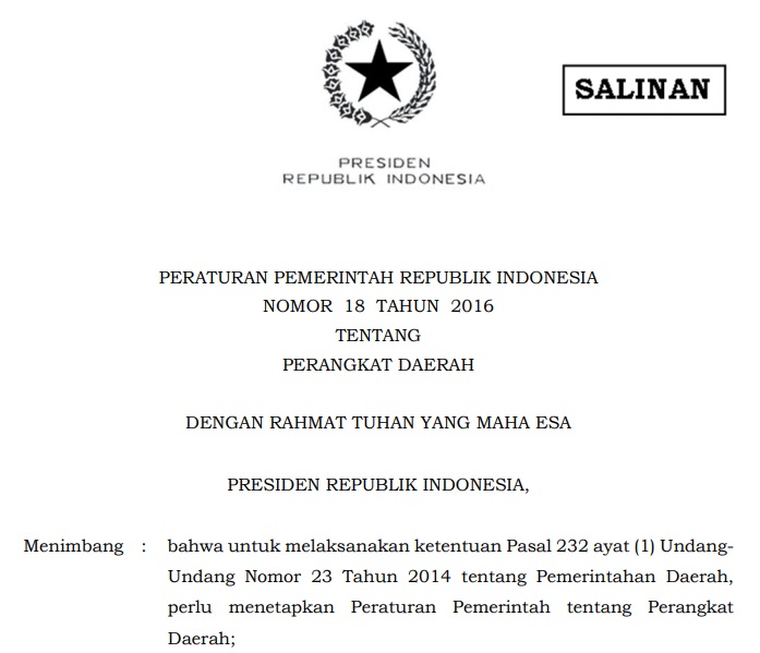 PP 18/2016 tentang Perangkat Daerah Wujudkan Pengadaan Bebas Intervensi ...