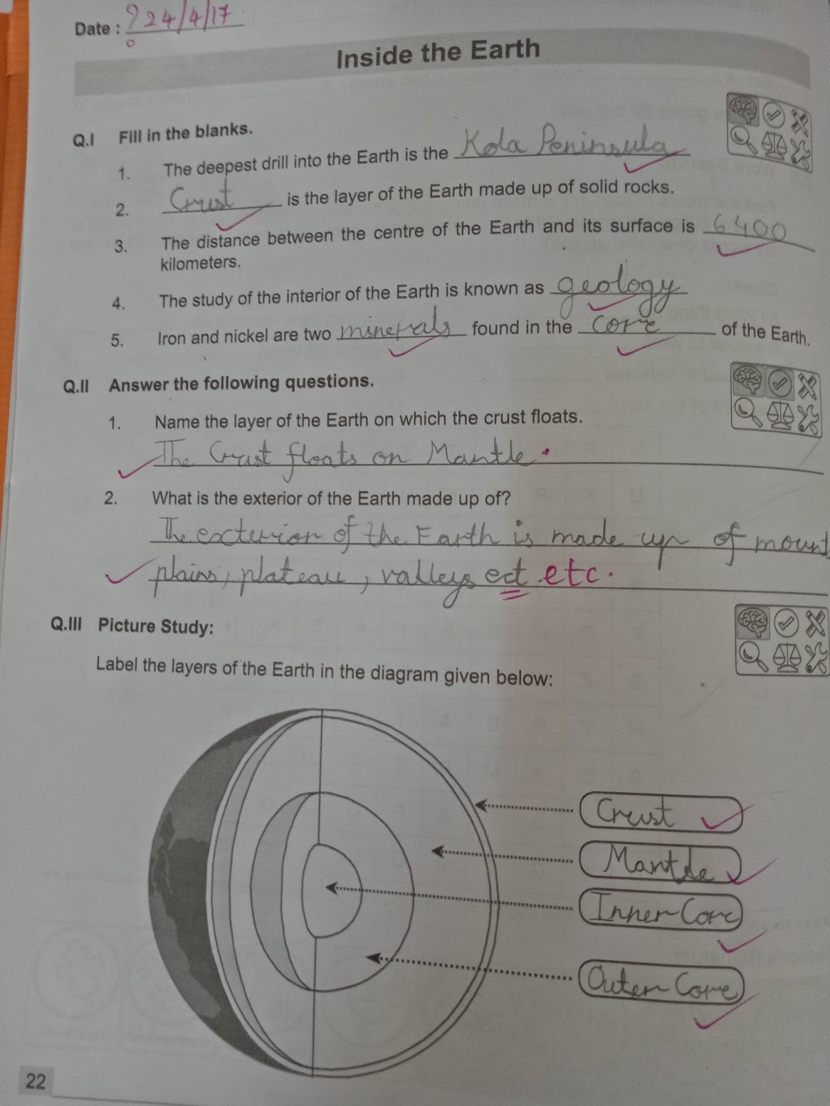 PIS VADODARA STD 3: EVS - INSIDE THE EARTH (WORKBOOK EXERCISE)