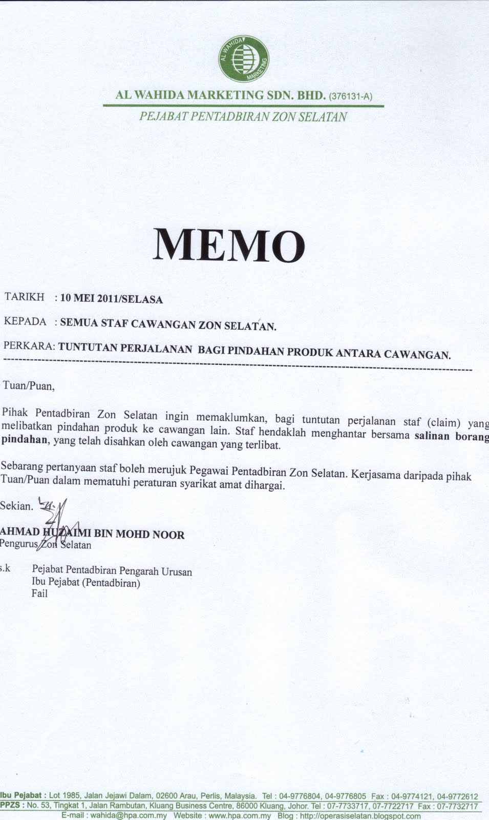 PEJABAT OPERASI ZON SELATAN: Memo Tuntutan Perjalanan