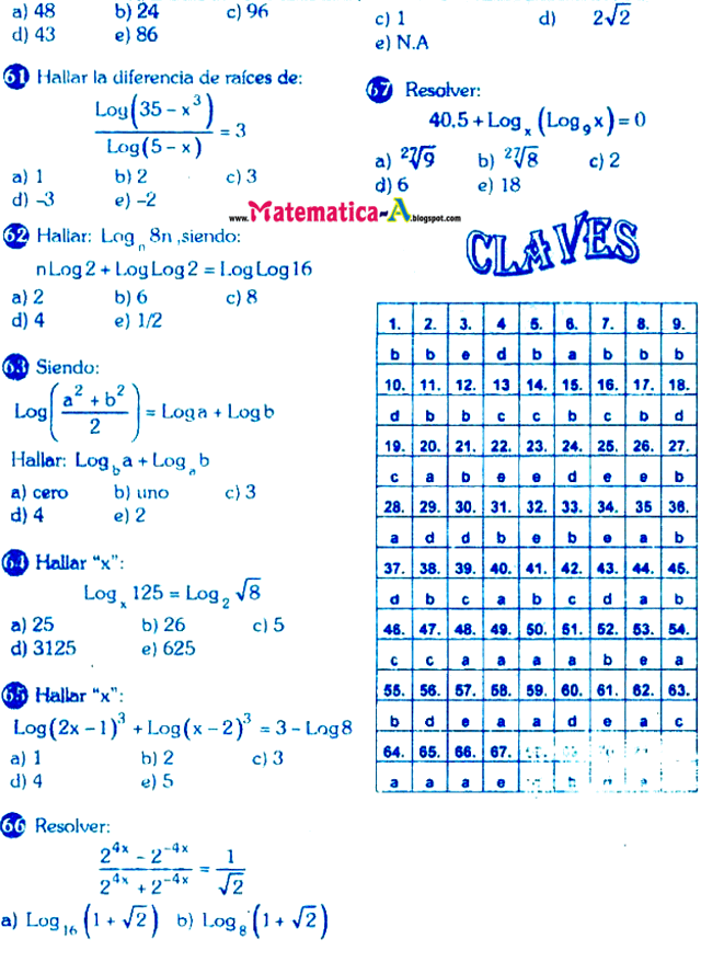 LOGARITMOS PREGUNTAS CON RESPUESTAS ~ MATEMATICAS PROBLEMAS RESUELTOS
