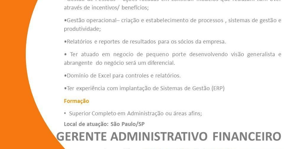 Networking Conhecimento e Oportunidades: Vaga: GERENTE ADMINISTRATIVO FINANCEIRO